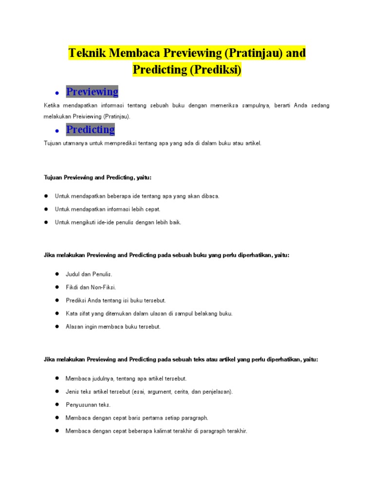 Teknik Membaca Previewing and Predicting | PDF
