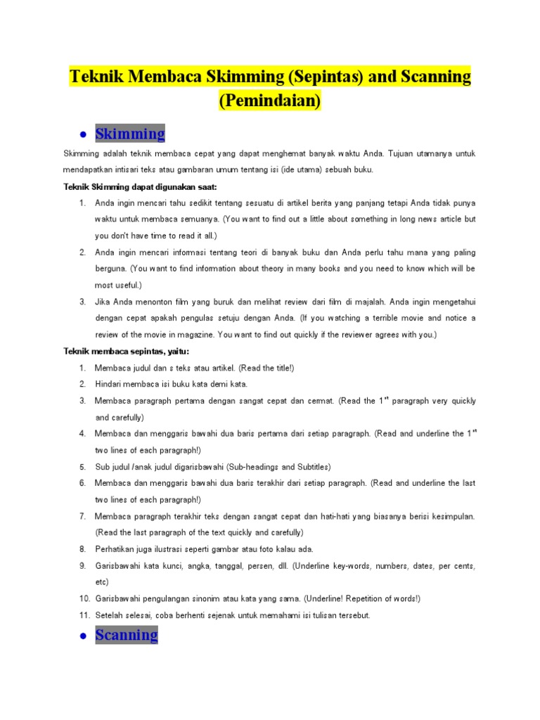 Teknik Membaca Skimming and Scanning | PDF