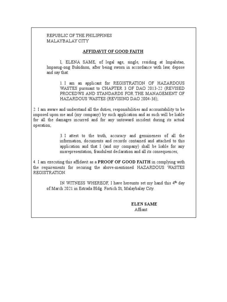 Affidavit of Good Faith | PDF