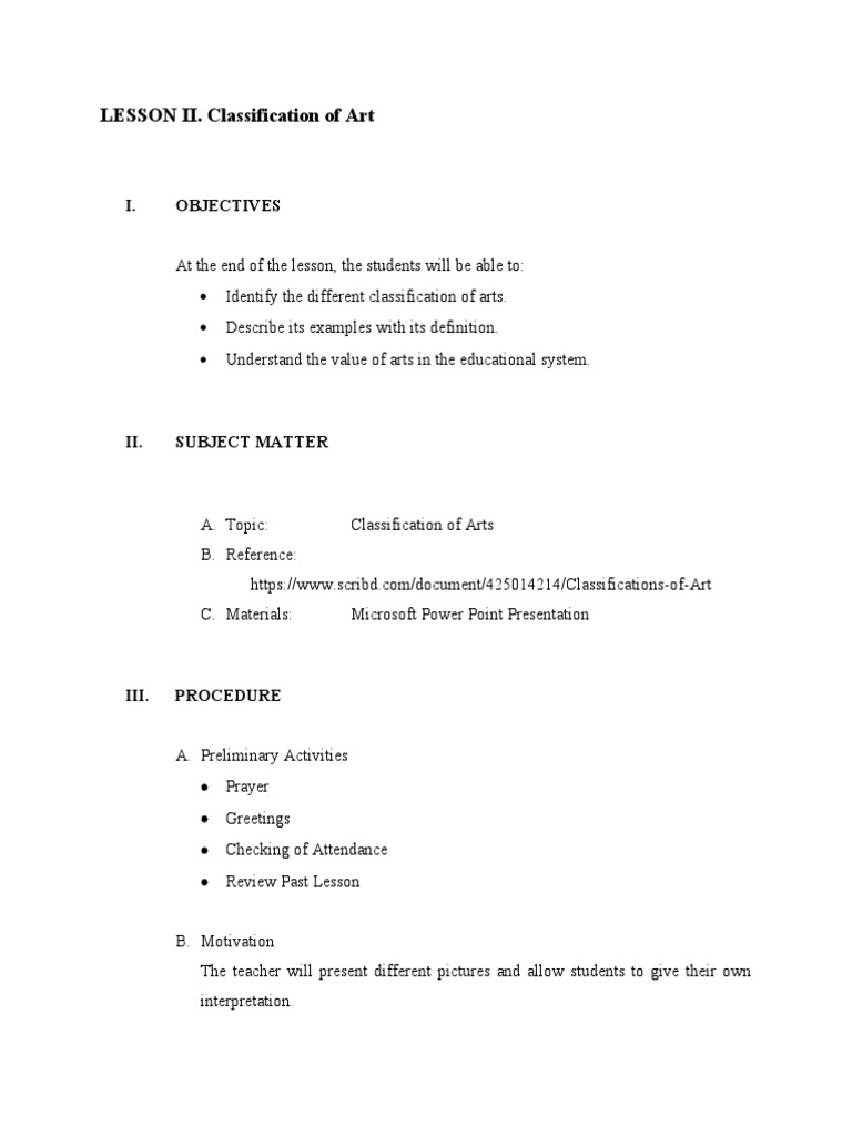 LESSON II. Classification of Art: I. Objectives | PDF | System | Teachers