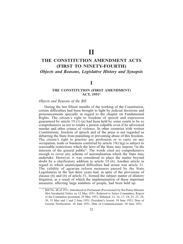 The Constitution Amendment Acts (First To Ninety-Fourth) : Objects and ...