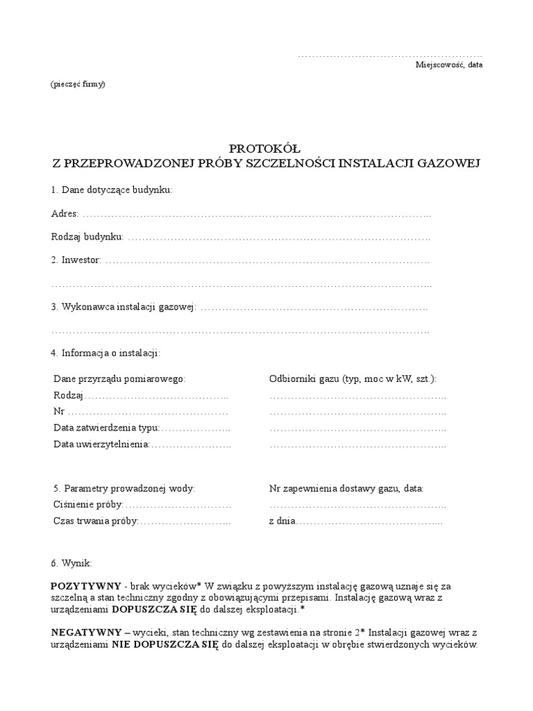 Wzor Protokolu Z Proby Szczelnosci | PDF