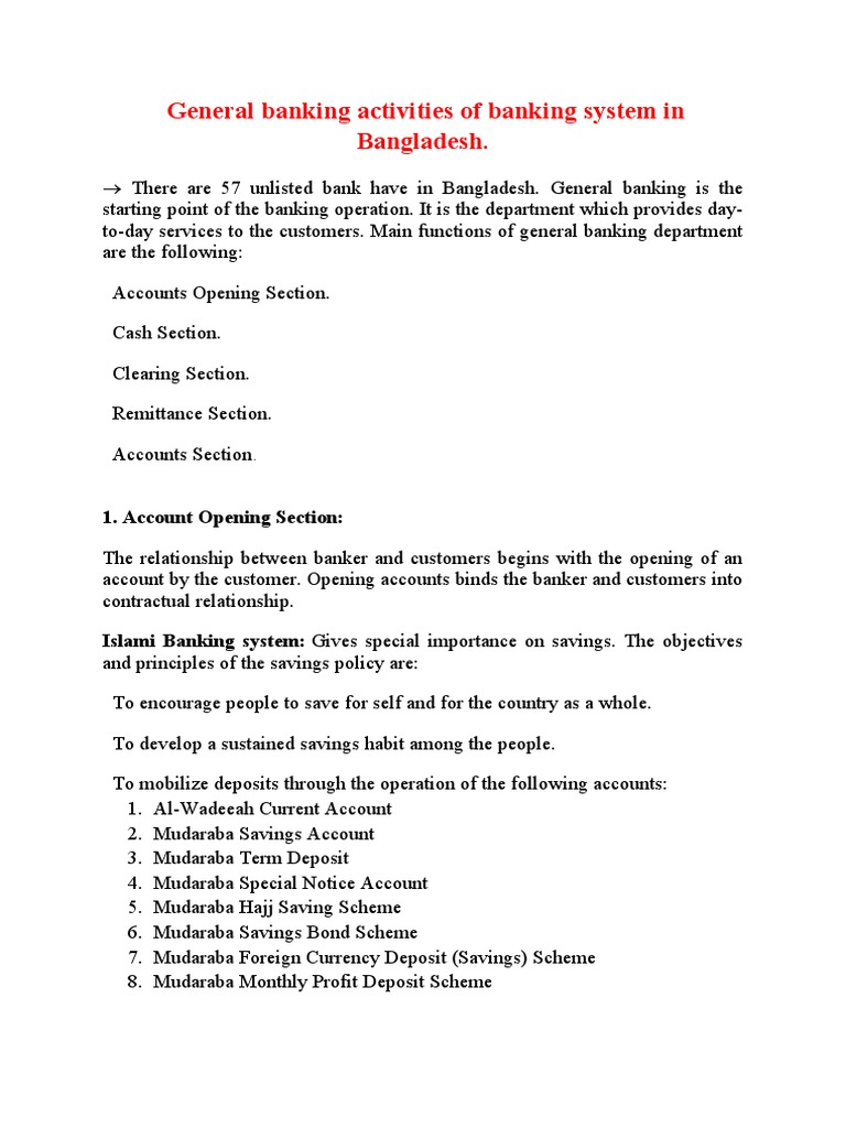 General Banking Activities of Banking System in Bangladesh.: 1. Account ...