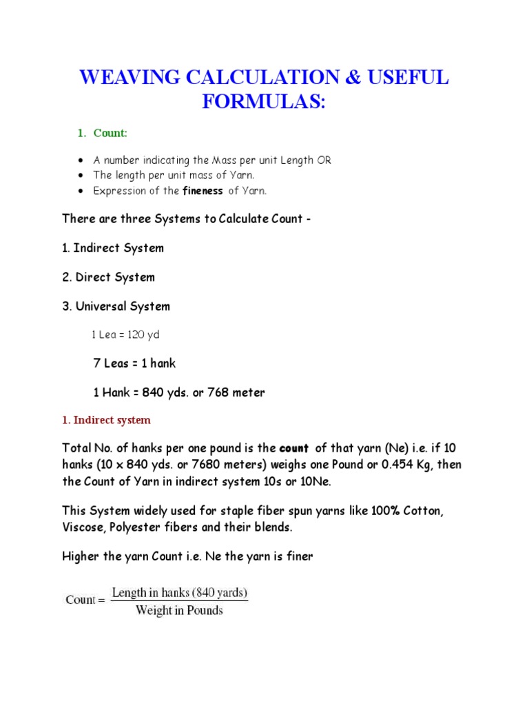 Weaving Calculation & Useful Formulas:: 1. Count | PDF | Yarn | Textiles