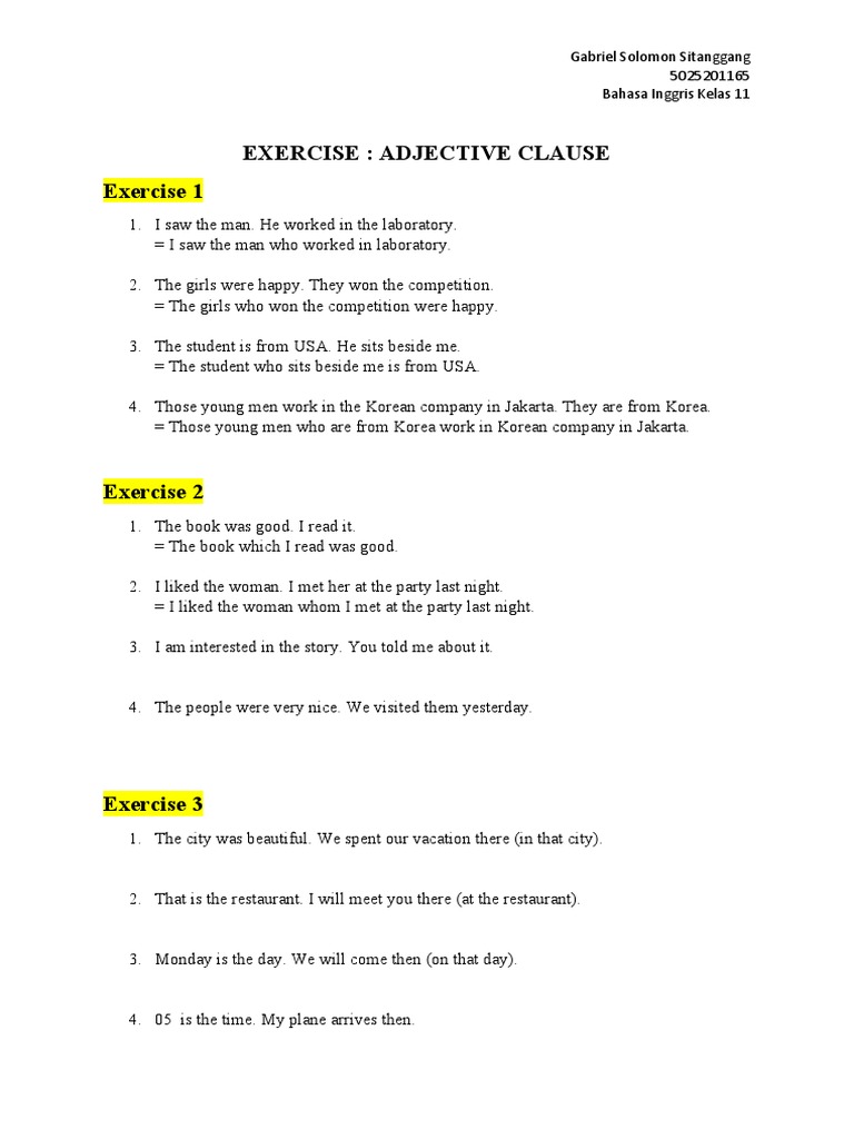Exercise: Adjective Clause Exercise 1: Gabriel Solomon Sitanggang ...