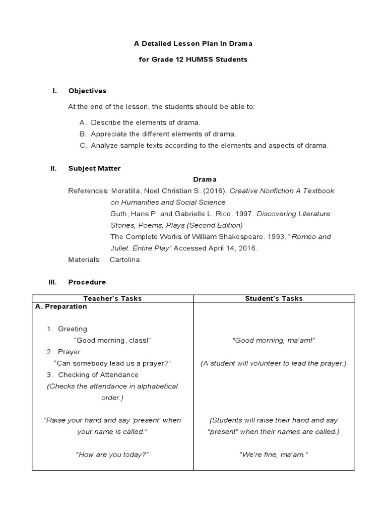 Grade 12 Drama Lesson Plan Overview | PDF | Romeo And Juliet | Play ...