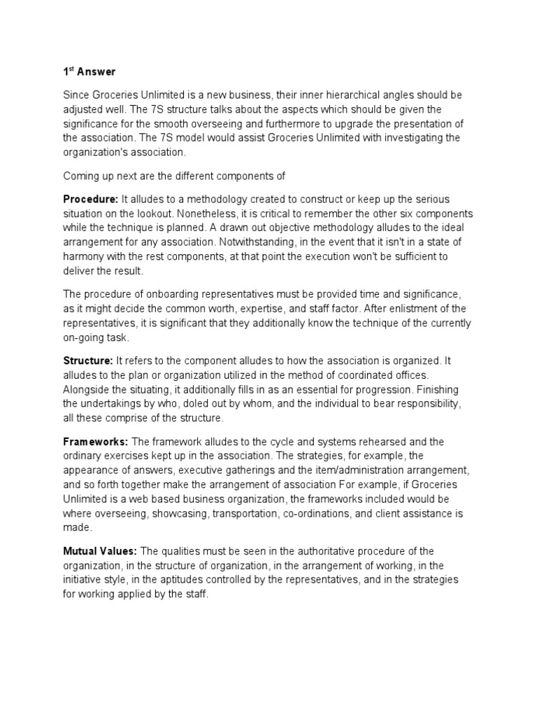 "7S Model for Groceries Unlimited" | PDF | Hierarchy | Leadership