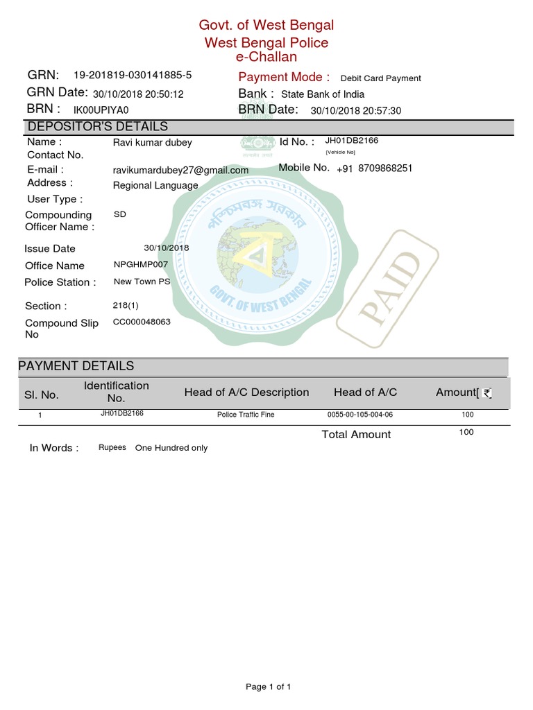 Govt. of West Bengal E-Challan West Bengal Police: GRN: GRN Date: Bank ...