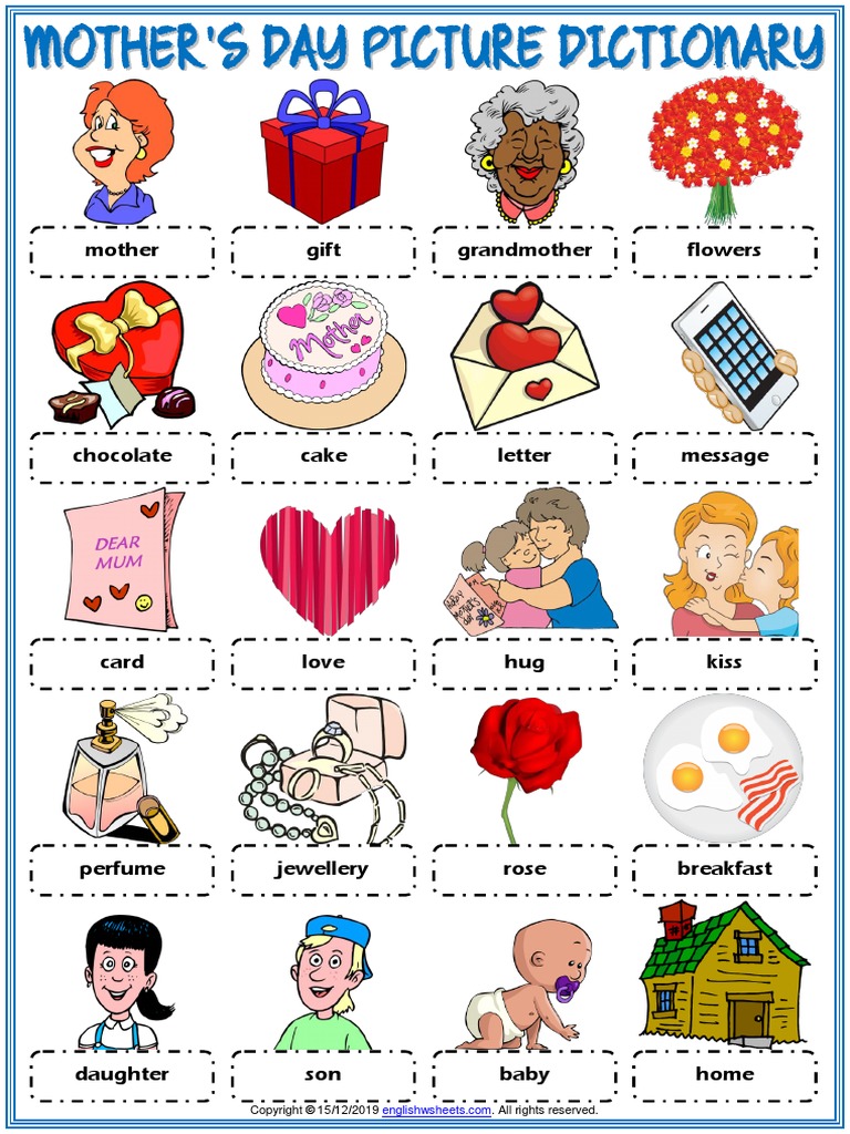 Mothers Day Vocabulary Esl Picture Dictionary Worksheet For Kids | PDF