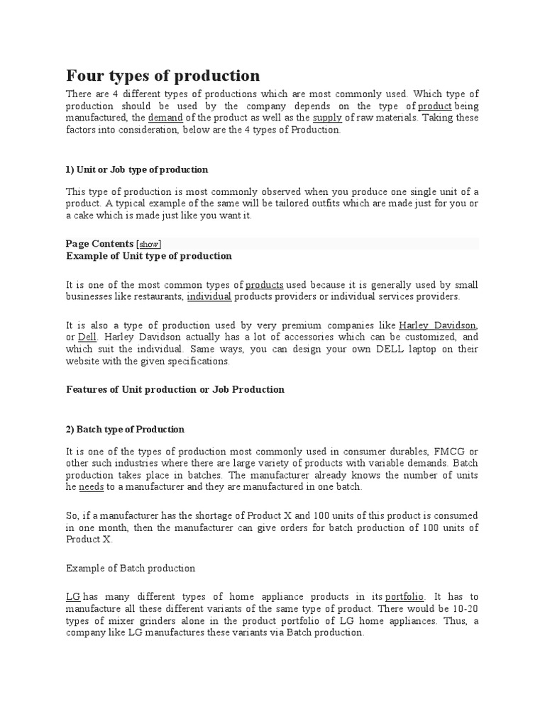 Four Types of Production: Page Contents Example of Unit Type of ...