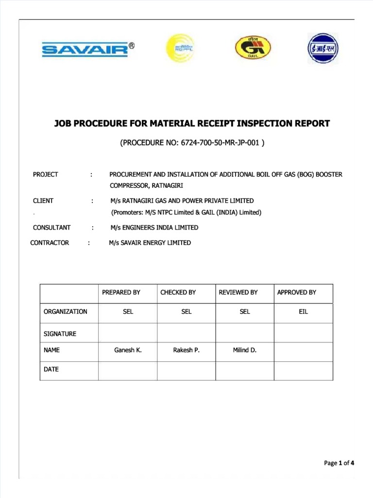 Job Procedure for Material Receipt Inspection Report | PDF | Audit ...