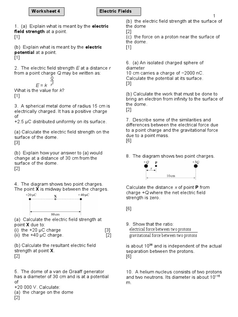 Worksheet 4 Electric Fields: Electrical Force Between Two Protons ...