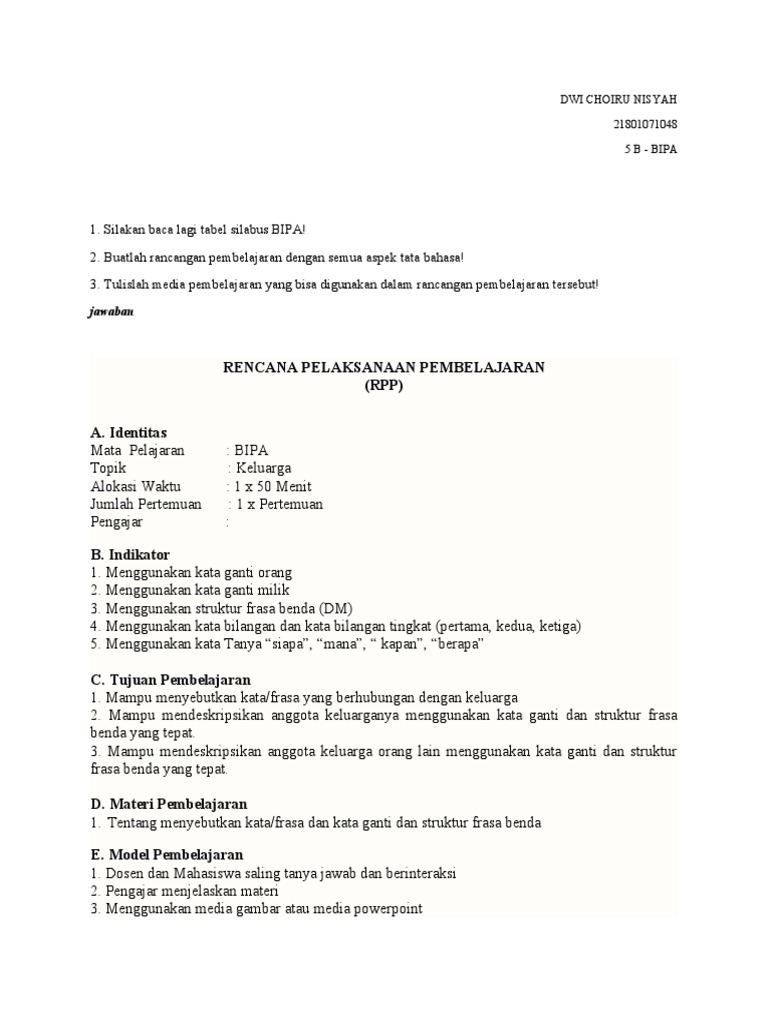 Contoh RPP Untuk BIPA | PDF