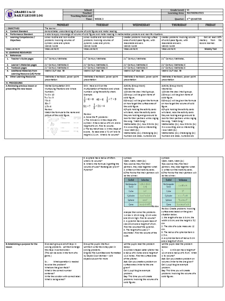 Grade 6 DLL MATH 6 Q4 Week 3 | PDF | Volume | Area