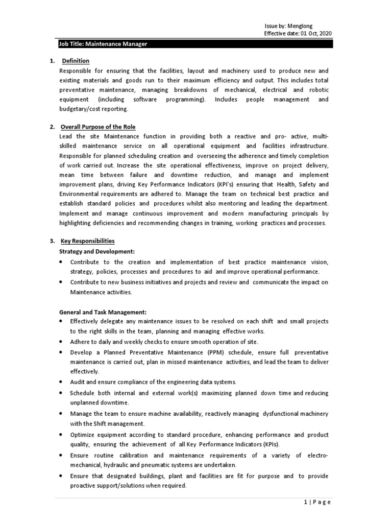 Maintenance-Manager Job Description | PDF | Business