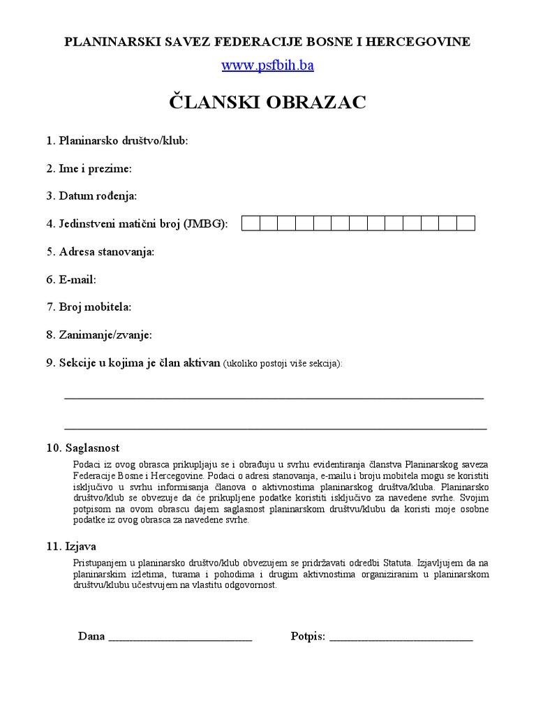 Članski Obrazac PS FBiH | PDF
