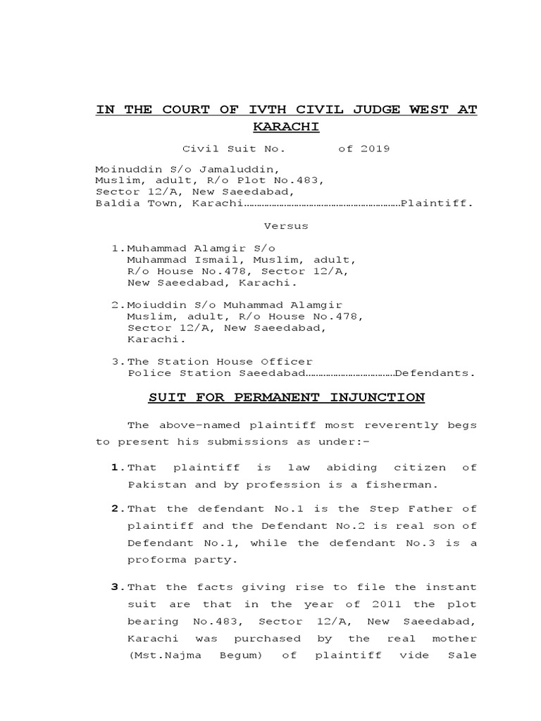Karachi Property Dispute: Permanent Injunction Suit | PDF | Affidavit ...
