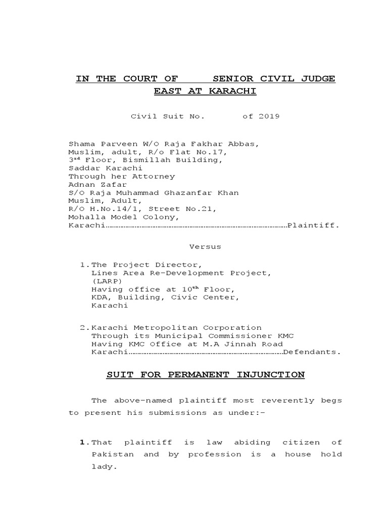 Civil Suit - For Permanent Injunction Raja Fakhar Abbas 2 | Download ...