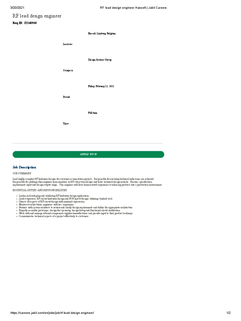 RF Lead Design Engineer Hasselt - Jabil Careers | PDF | Engineer ...