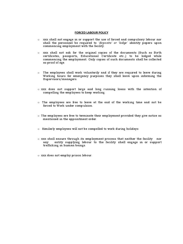 Forced Labour Policy | PDF