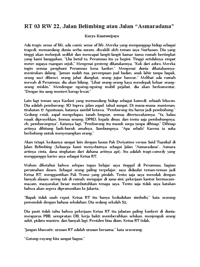Cerpen RT 03 RW 22, Jalan Belimbing Atau Jalan "Asmaradana" Karya Kuntowijoyo | PDF