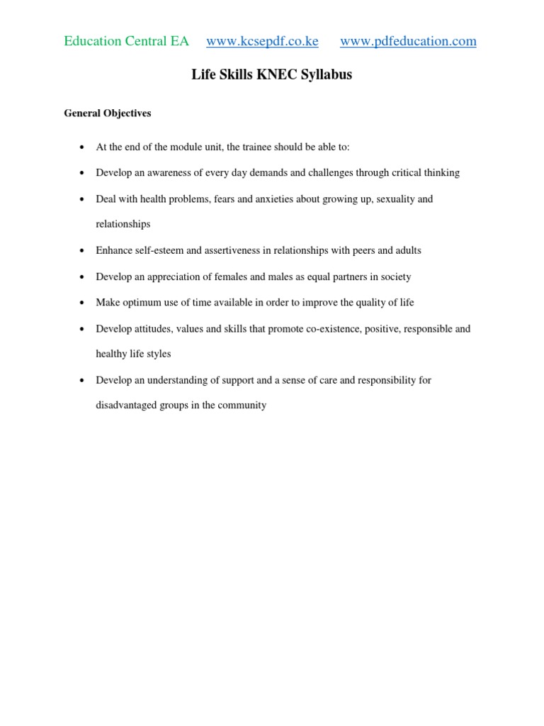 Education Central EA: Life Skills KNEC Syllabus | PDF