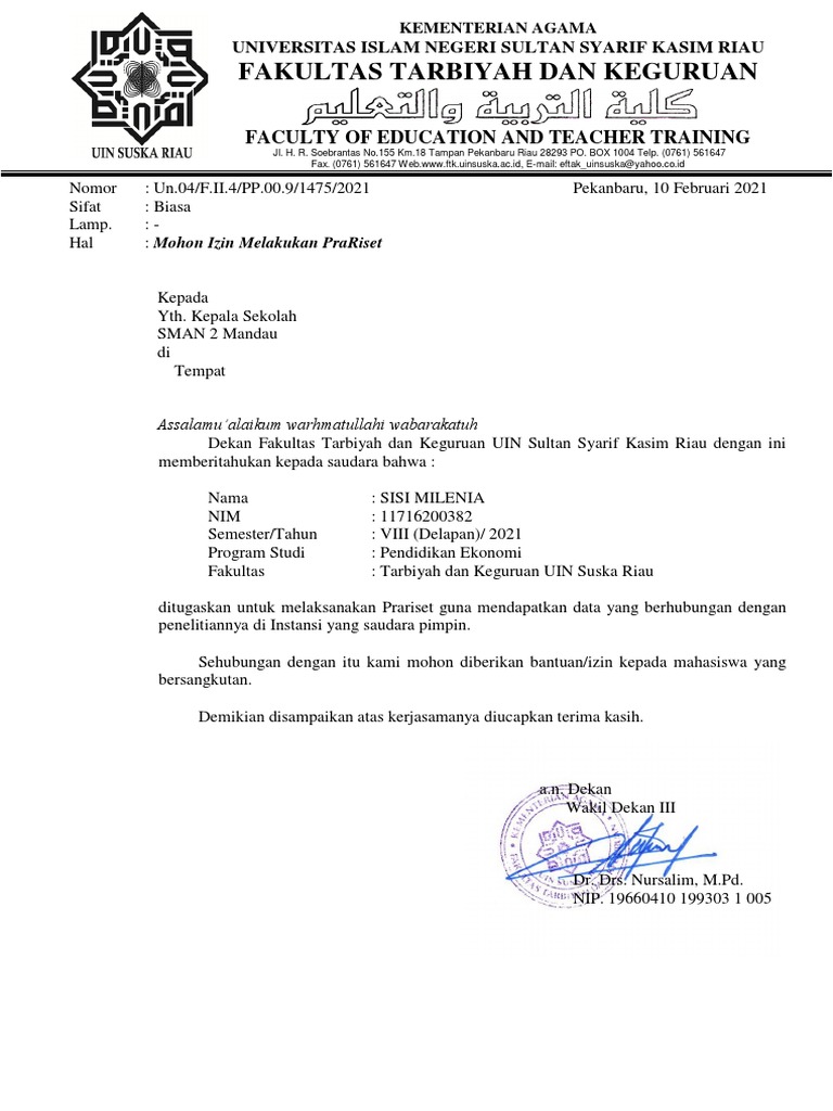 Surat Pra Riset-SISI MILENIA | PDF