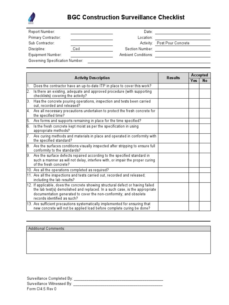 BGC Construction Surveillance Checklist: Activity Description Results ...