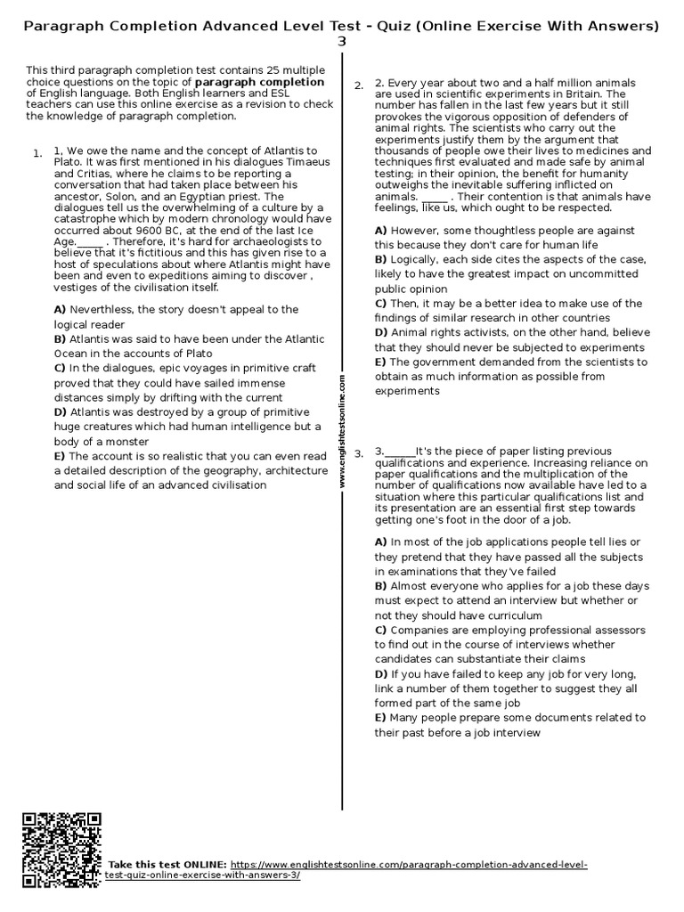 Paragraph Completion Advanced Level Test - Quiz (Online Exercise With ...
