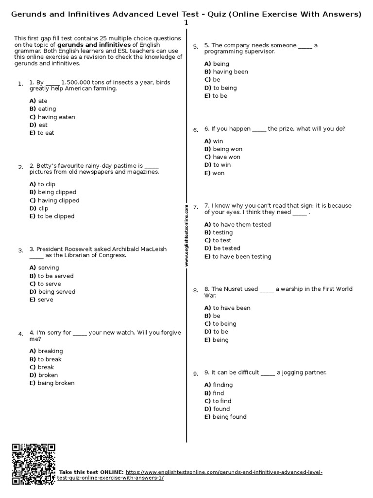 335 - Gerunds and Infinitives Advanced Level Test Quiz Online Exercise ...