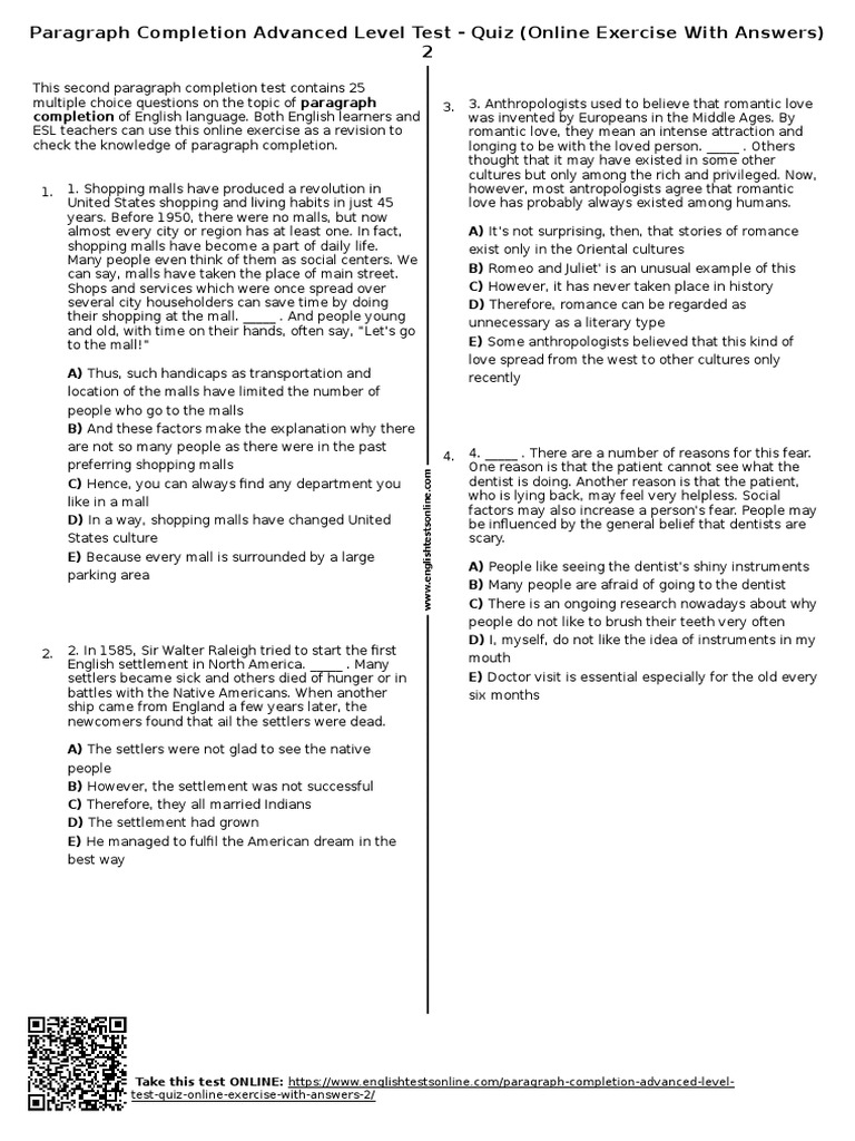 374 - Paragraph Completion Advanced Level Test Quiz Online Exercise ...