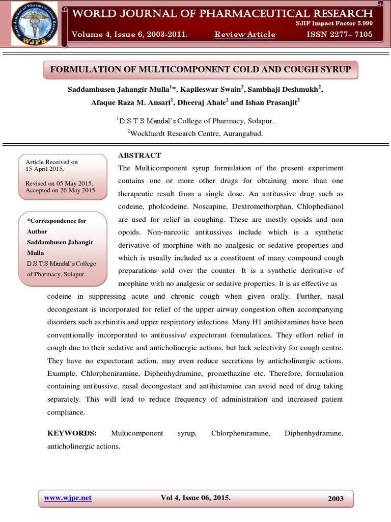 Formulation of Multicomponent Cold and Cough Syrup | PDF | Glycerol ...