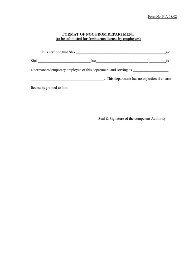 Format of Noc From Department (To Be Submitted For Fresh Arms License ...