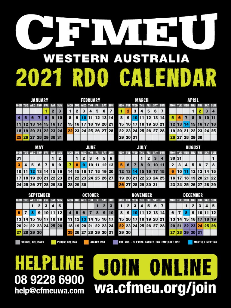CFMEU WA A4 Printable RDO Calendar 2021 | PDF