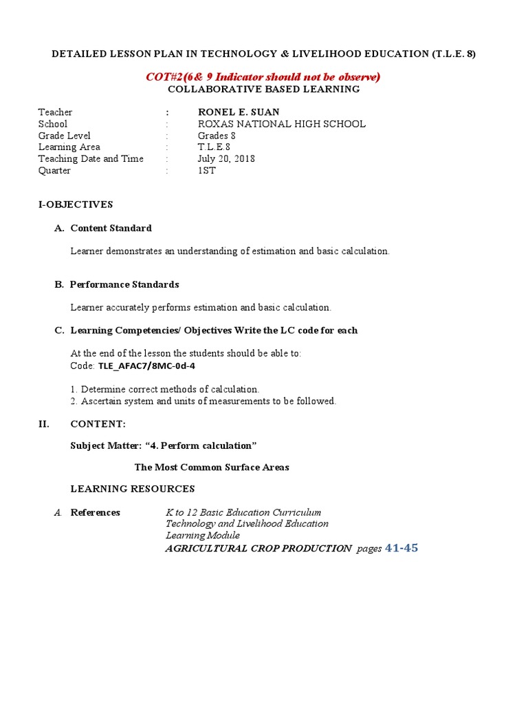T.L.E. 8 Lesson Plan: Surface Areas | PDF