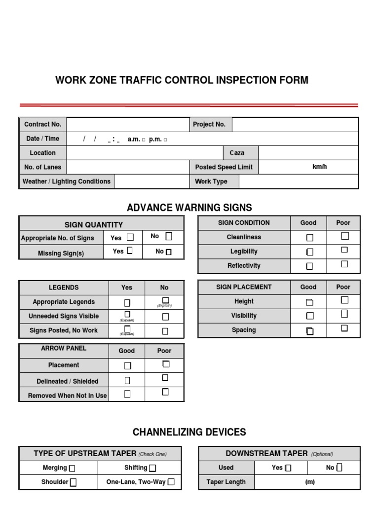Traffic Control Inspection Form | PDF | Traffic | Sidewalk