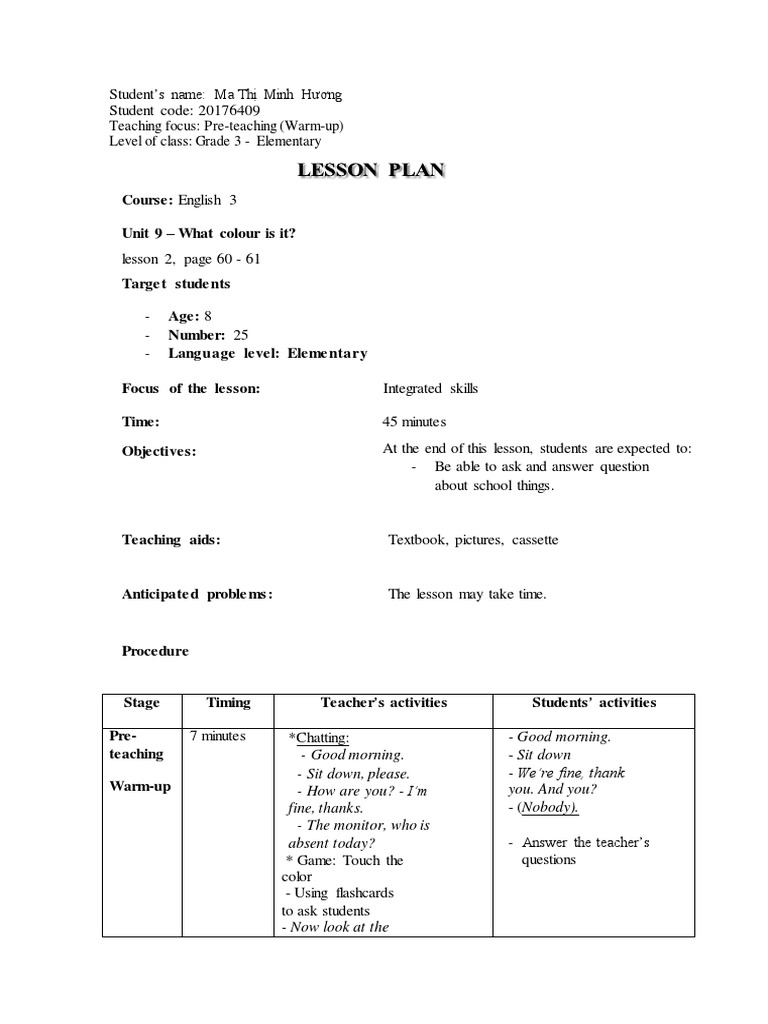 Lesson Plan for Teaching Colors to Elementary Level English Students ...