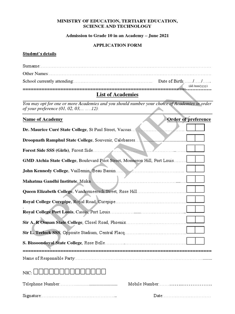 Specimen Application Form For A Seat in Grade 10 (2021-22) in An ...