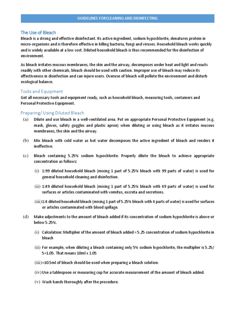 The Use of Bleach: Guidelines Forcleaning and Disinfecting | PDF ...