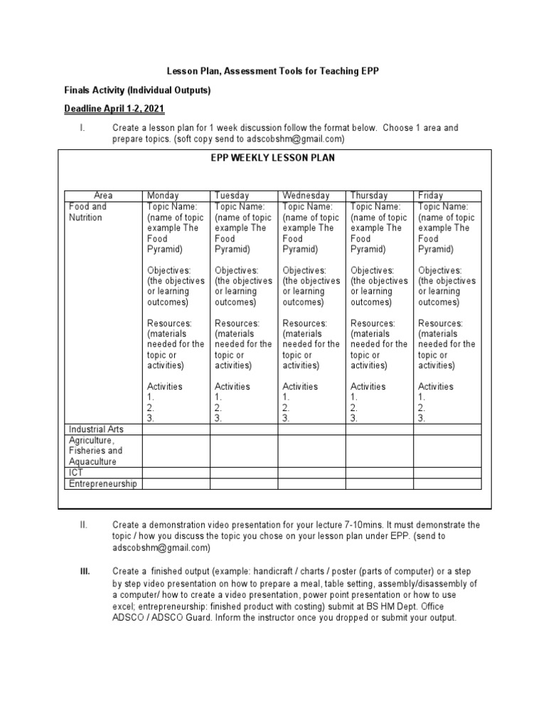 Lesson Plan, Assessment Tools For Teaching EPP Finals Activity (Individual Outputs) Deadline ...