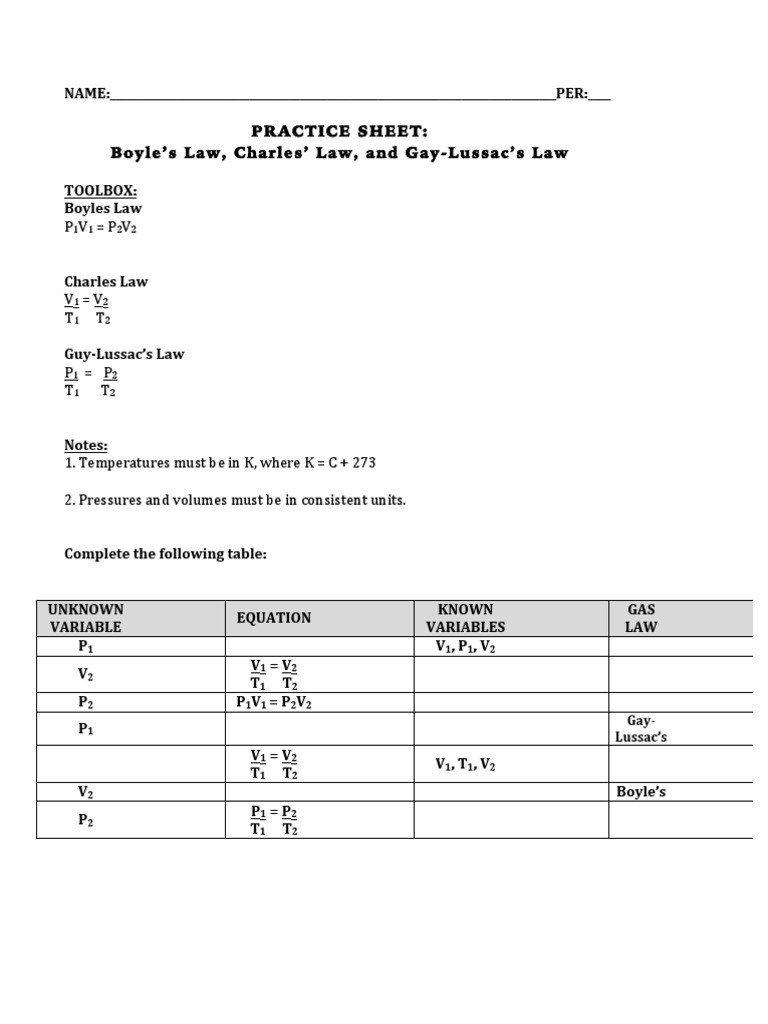 Gas Laws Problems Worksheet | PDF | Gases | Phases Of Matter