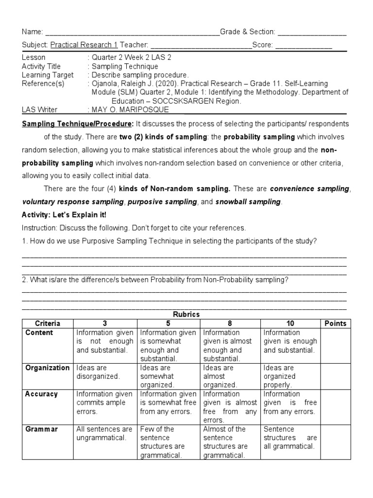 Practical Research 1 LAS - Week 2 | PDF | Sampling (Statistics ...