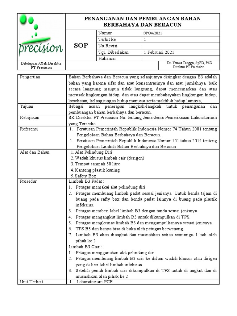 SOP Penanganan Dan Pembuangan Limbah B3 | PDF