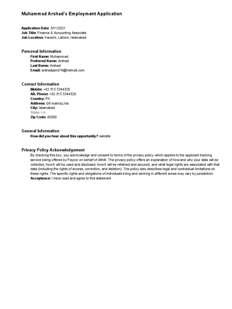 Muhammad Arshad's Finance Application for Afiniti | PDF