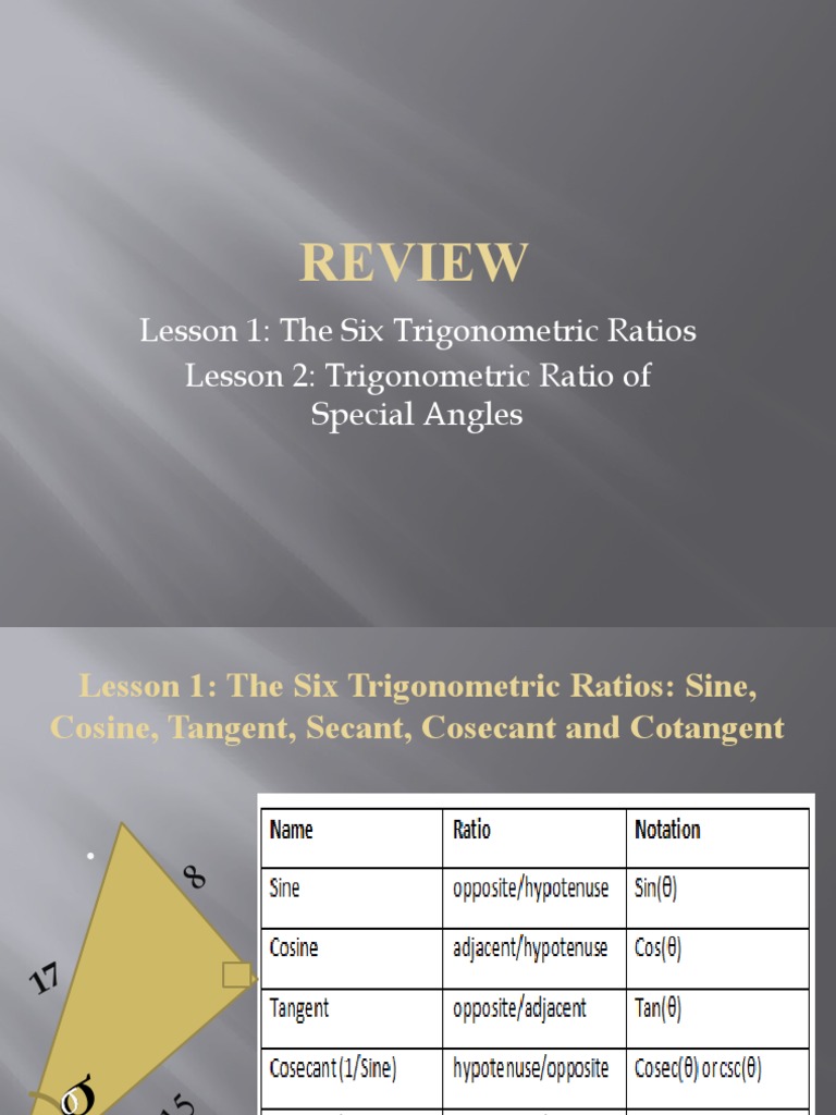 Review: Lesson 1: The Six Trigonometric Ratios Lesson 2: Trigonometric ...