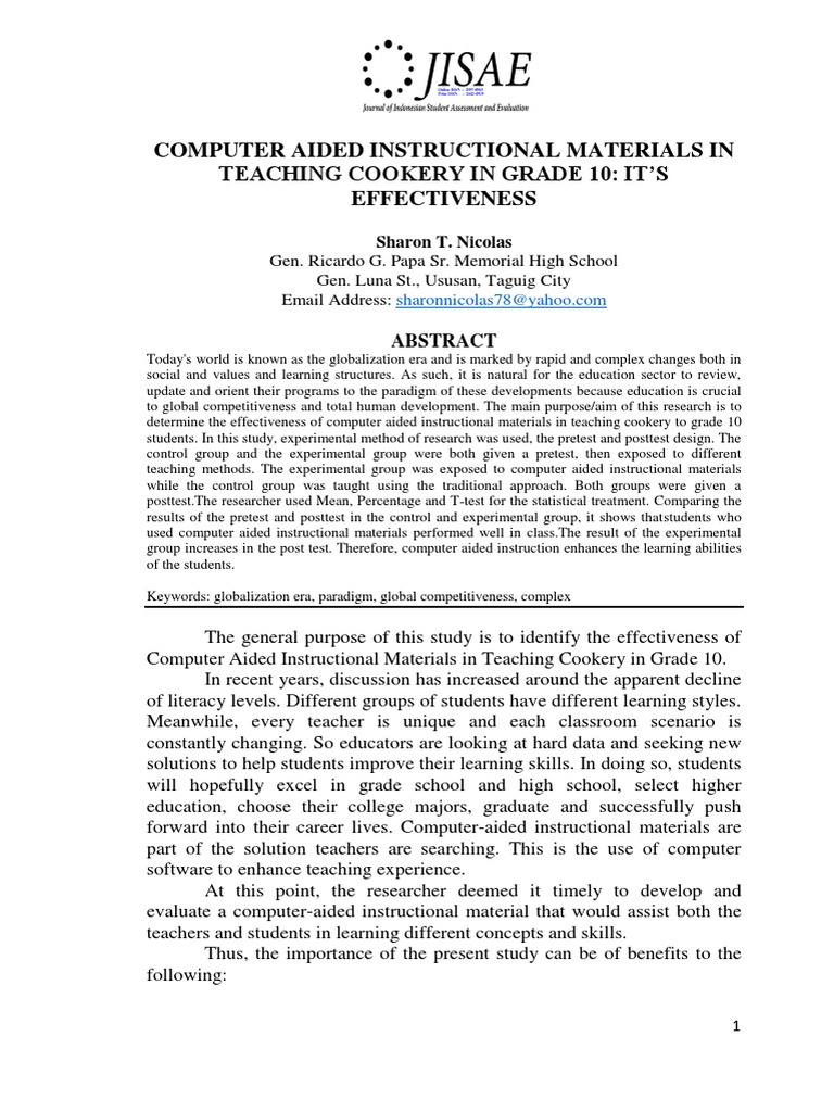 Computer Aided Instructional Materials in Teaching Cookery in Grade 10 ...