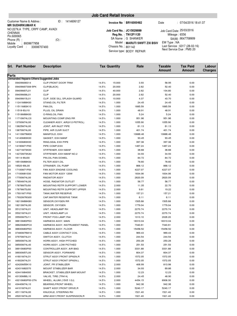 Job Card Retail Invoice | PDF | Motor Vehicle | Vehicles