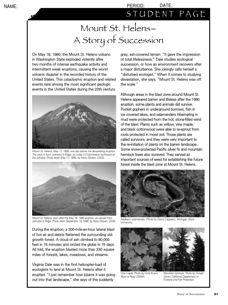 Mount St. Helens - A Story of Succession: Student Page | PDF | Forests ...