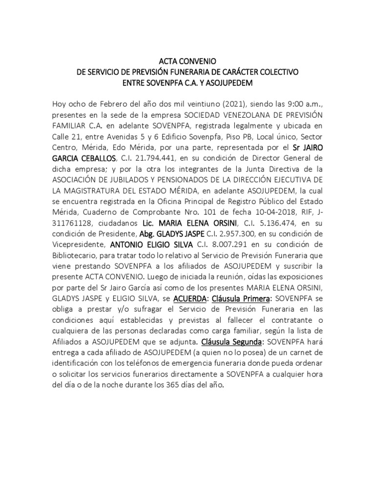 Acta Convenio 2021 de Servicio de Previsión Funeraria Entre Asojupedem ...