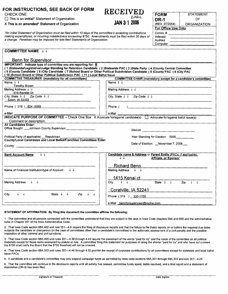 Amended Statement of Organization Form | PDF | Political Action ...